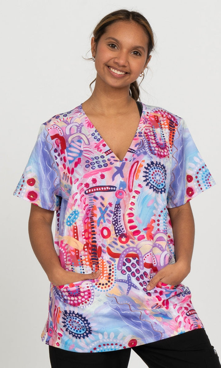 Aboriginal Art Ladies Three Pocket Scrub Brighter Futures – Azure Beach ...