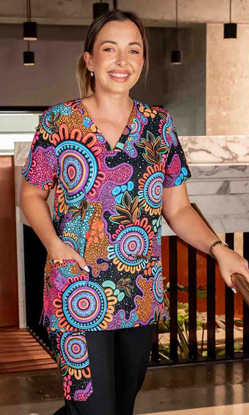 Aboriginal Art Ladies Three Pocket Scrub Top Celebration – Azure Beach ...