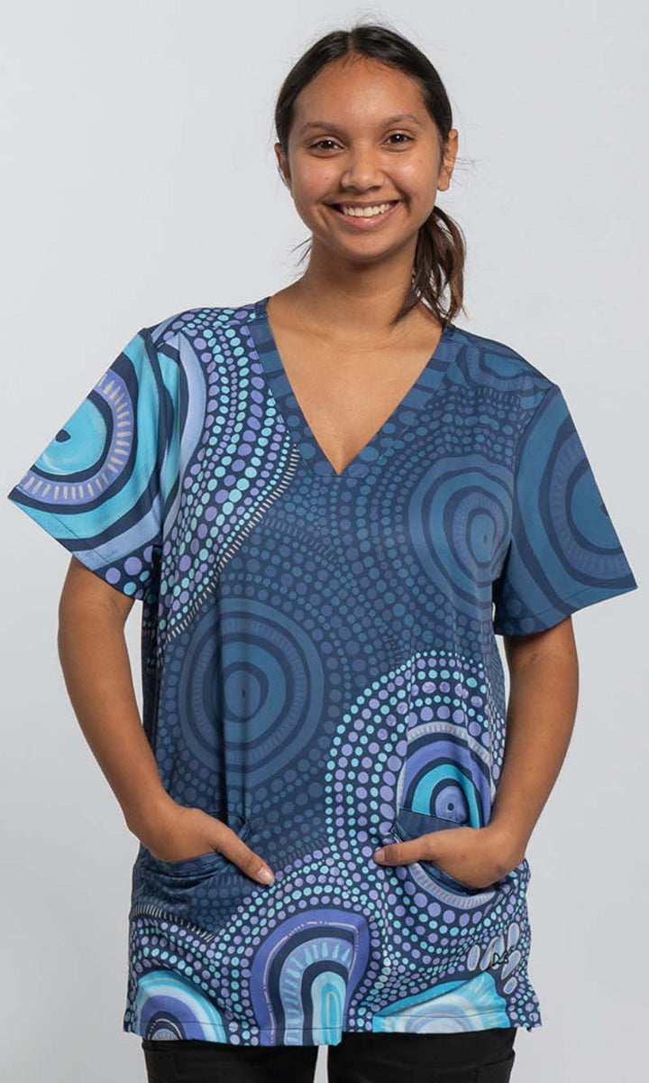 Aboriginal Art Ladies Three Pocket Scrub Top Our Future, Together ...
