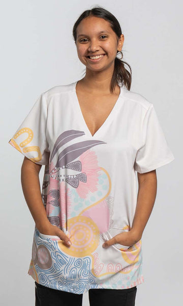 Aboriginal Art Ladies Three Pocket Scrub Top Kindling – Azure Beach and ...