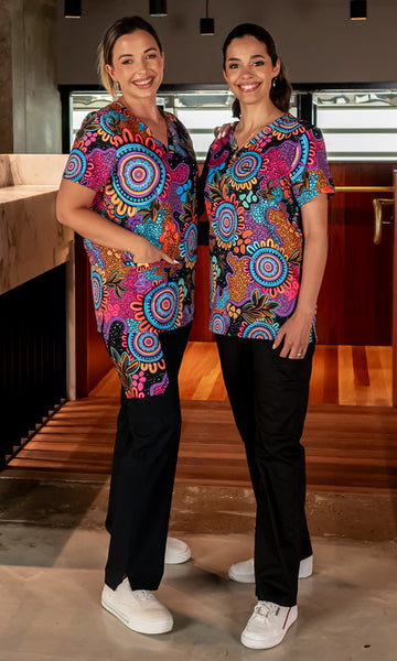 Aboriginal Art Ladies Three Pocket Scrub Top Celebration – Azure Beach ...