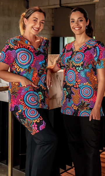 Aboriginal Art Ladies Three Pocket Scrub Top Celebration – Azure Beach ...