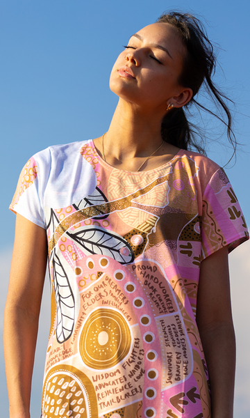 Aboriginal Art Fashion Top In Their Footsteps – Azure Beach and Resort Wear