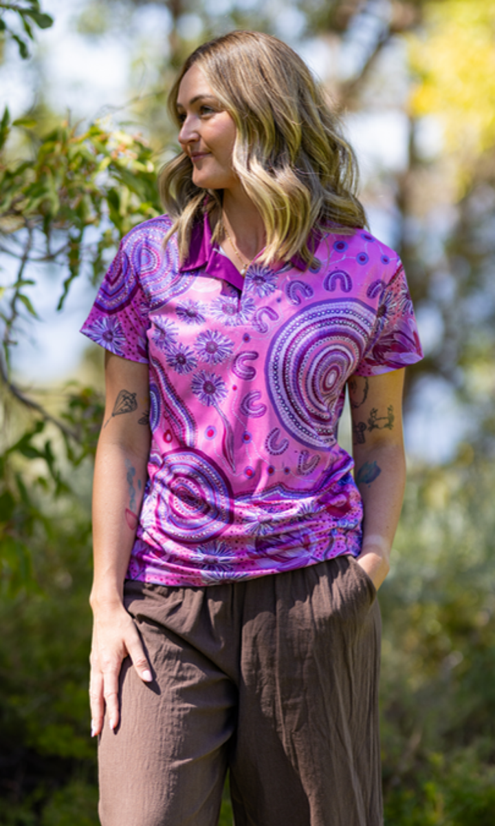 Aboriginal Art Ladies Fitted Polo Pink Spring – Azure Beach and Resort Wear