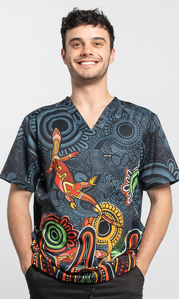 Aboriginal Art Unisex Three Pocket Scrub Top Proud & Deadly – Azure ...