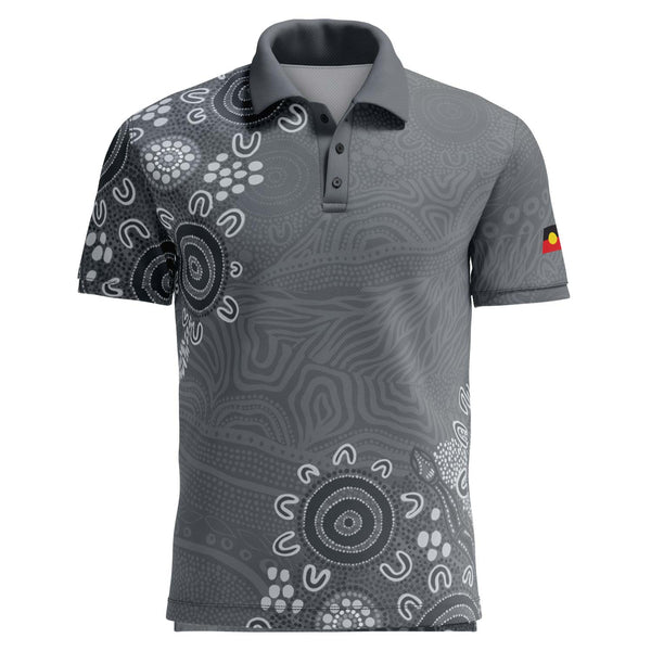 Aboriginal Art Unisex Polo Eternal Charcoal – Azure Beach and Resort Wear