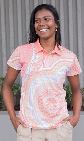 Aboriginal Art Ladies Fitted Polo Connections – Azure Beach and Resort Wear